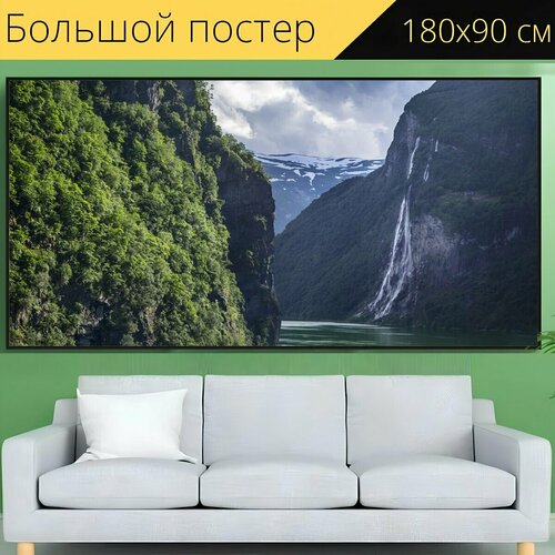 Большой постер "Водопад, река, горы" 180 x 90 см. для интерьера