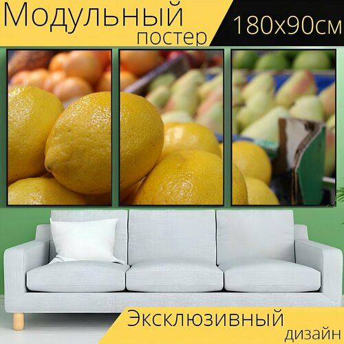 Модульный постер "Лимон, лимоны, фрукты" 180 x 90 см. для интерьера