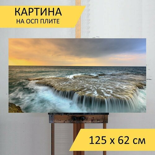 Картина на ОСП 125х62 см. "Море, водопад, волны" горизонтальная, для интерьера, с креплениями