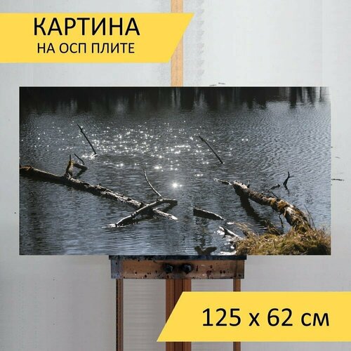 Картина на ОСП 125х62 см. "Озеро, вода, отражение" горизонтальная, для интерьера, с креплениями