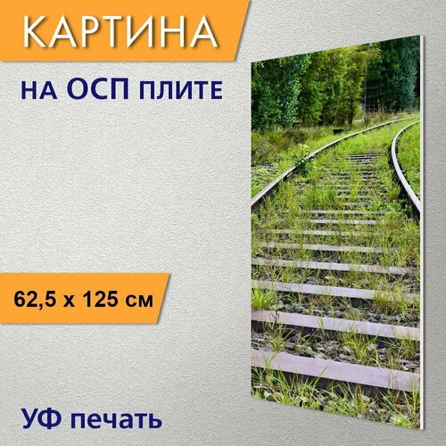 Вертикальная картина на ОСП "Железнодорожные пути, треки, зеленый" 62x125 см. для интерьериа