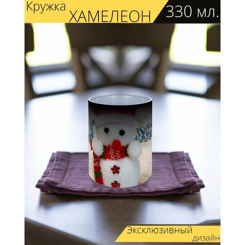 Кружка хамелеон с принтом "Новый год, игрушка, снеговик" 330 мл.