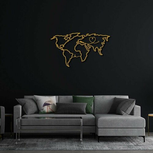 Декоративное металлическое панно, Карта мира с любовью (матовое золото)