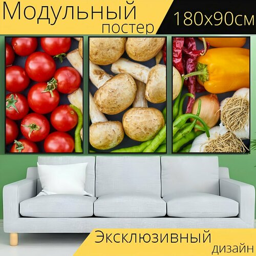 Модульный постер "Грибы, помидор, тарелка" 180 x 90 см. для интерьера