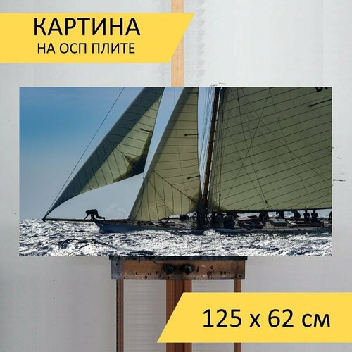 Картина на ОСП 125х62 см. "Лодка, вуаль, парусная яхта" горизонтальная, для интерьера, с креплениями