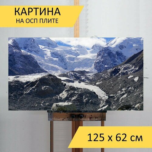Картина на ОСП 125х62 см. "Горы, ледник, альпы" горизонтальная, для интерьера, с креплениями