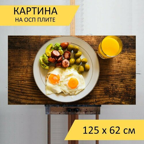 Картина на ОСП 125х62 см. "Завтрак, яйца, еда" горизонтальная, для интерьера, с креплениями