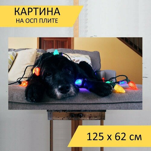 Картина на ОСП 125х62 см. "Собака, рождество, домашний питомец" горизонтальная, для интерьера, с креплениями