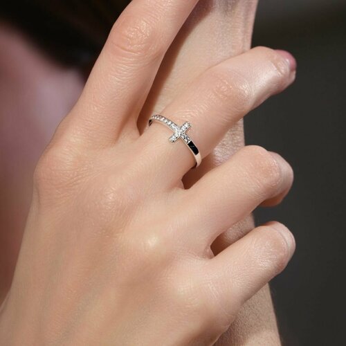Перстень UVI Ювелирочка Серебряное кольцо Крест, серебро, 925 проба, родирование, фианит, размер 17, серебряный, бесцветный