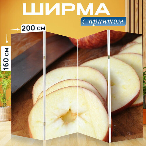 Ширма перегородка с принтом "Яблоко, фрукты, красный" на холсте - 200x160 см. для зонирования, раскладная