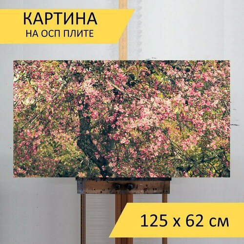Картина на ОСП 125х62 см. "Дерево, цвести, цветок" горизонтальная, для интерьера, с креплениями