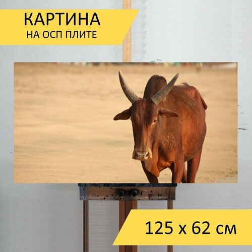 Картина на ОСП 125х62 см. "Бык, корова, пляж" горизонтальная, для интерьера, с креплениями
