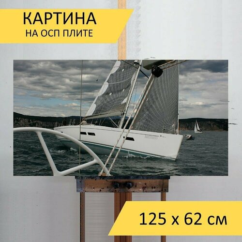 Картина на ОСП 125х62 см. "Яхты, море, регата" горизонтальная, для интерьера, с креплениями