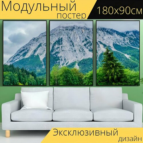 Модульный постер "Альпы, гальштат, австрия" 180 x 90 см. для интерьера