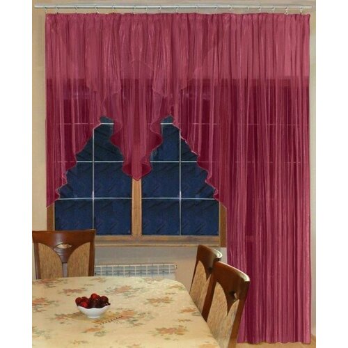 Тюль для окна с балконом на кухню и комнату на ленте ТРИО-1 цвет бордовый шир. 300 см выс. 250 см