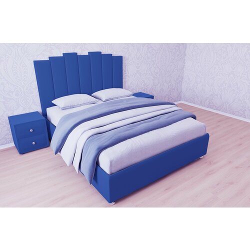 Двуспальная кровать Джульетта 140x200 основание металлическое с ламелями велюр синий ножки 13 см хром