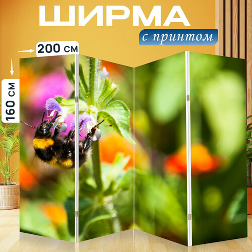 Ширма перегородка с принтом "Шмель, пчела, цветок" на холсте - 200x160 см. для зонирования, раскладная