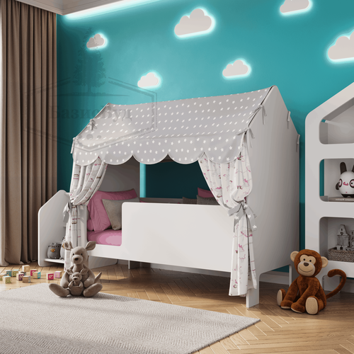 Кровать детская домик с текстилем (серый, с принцессами, вход слева) "Базовый"