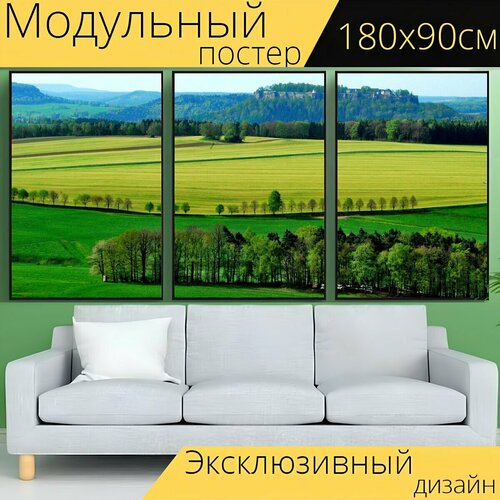 Модульный постер "Поле, трава, пейзаж" 180 x 90 см. для интерьера