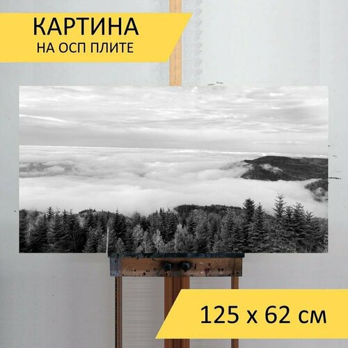 Картина на ОСП 125х62 см. "Лес, облака, пейзаж" горизонтальная, для интерьера, с креплениями