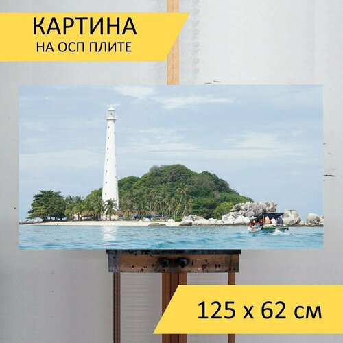Картина на ОСП 125х62 см. "Море, маяк, океан" горизонтальная, для интерьера, с креплениями
