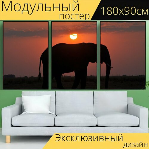 Модульный постер "Слон, заход солнца, африке" 180 x 90 см. для интерьера