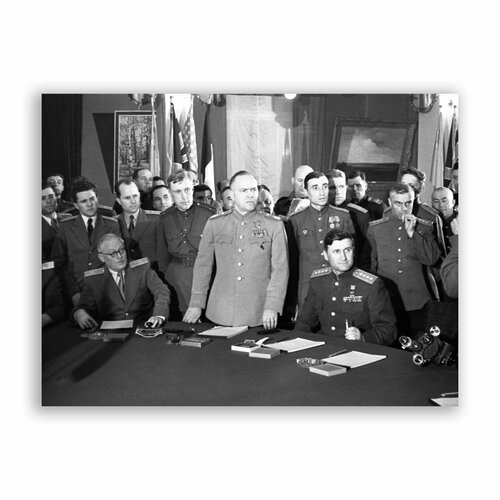 Советский постер, плакат на бумаге / Маршал Жуков. Подписание безоговорочной капитуляции / Размер 40 x 53 см