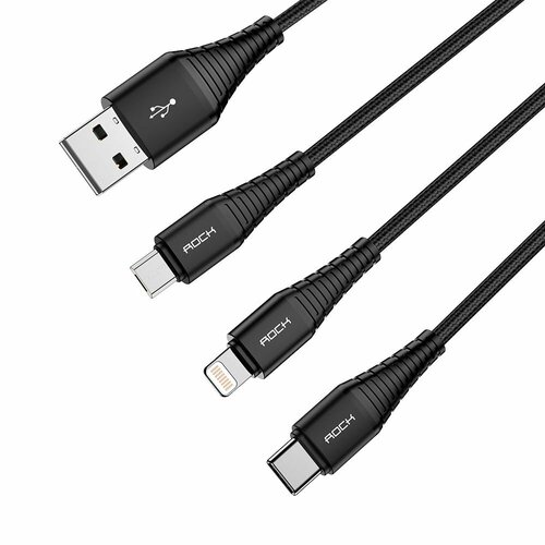 Rock 3в1 USB-C, Micro USB, Lightning с быстрой зарядкой в нейлоновой оплётке Plug and Play, 3A, 12W, 120 см. черный