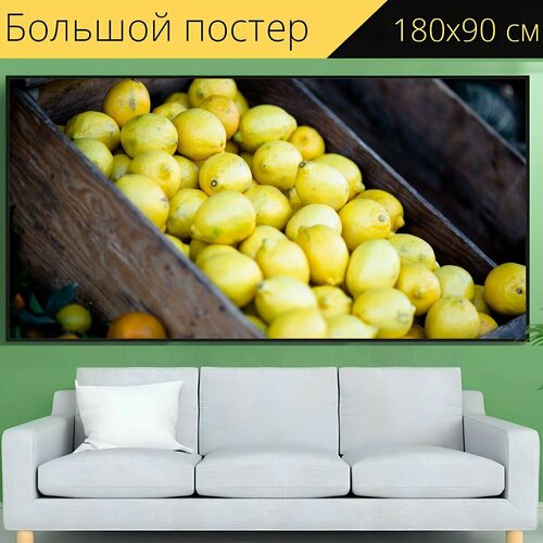Большой постер "Лимоны, фрукты, корзина" 180 x 90 см. для интерьера