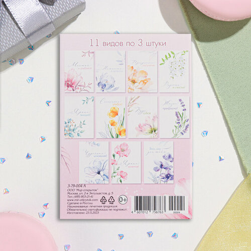 Набор мини-открыток "Цветы - 1" розовый фон, 33 штуки, 7,5х10,5 см (комплект из 6 шт)