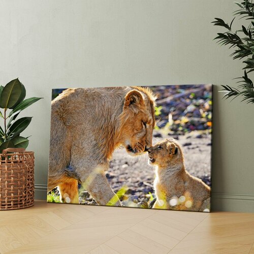 Картина на холсте (Лев с львицей и львенком) 30x40 см. Интерьерная, на стену.