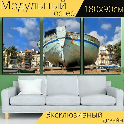 Модульный постер "Лодка, старый деревянный, пляж" 180 x 90 см. для интерьера