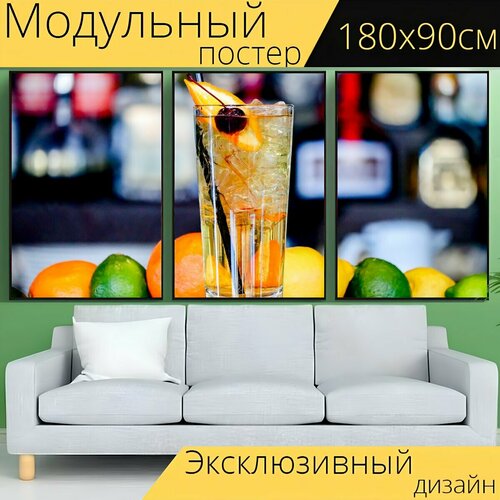 Модульный постер "Напиток, фрукты, стекло" 180 x 90 см. для интерьера