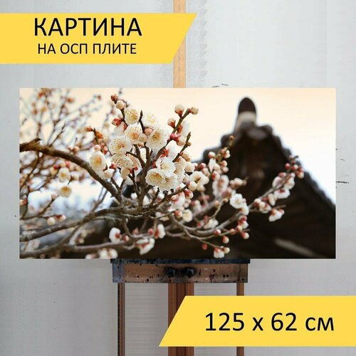 Картина на ОСП 125х62 см. "Цветение сливы, дней не продается, величина" горизонтальная, для интерьера, с креплениями