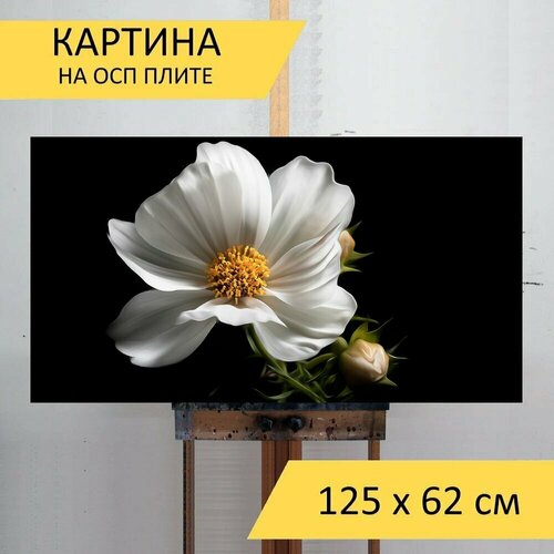 Картина на ОСП 125х62 см. "Цветок, белый, цветочный" горизонтальная, для интерьера, с креплениями