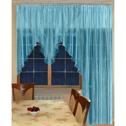 Тюль для окна с балконом на кухню и комнату на ленте ТРИО-1 цвет голубой шир. 300 см выс. 250 см