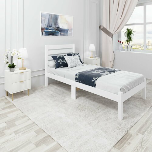 Кровать односпальная Классика Компакт из массива сосны с высокой спинкой и сплошным основанием, цвет белый, 60х200 см