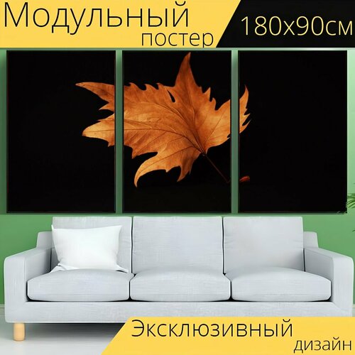 Модульный постер "Осень, осенний лист, черный фон" 180 x 90 см. для интерьера