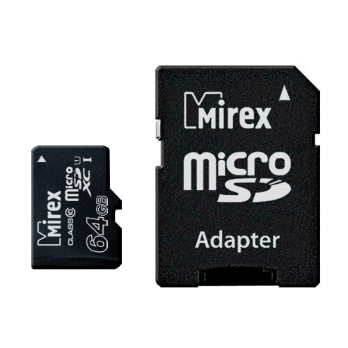 Карта памяти Mirex microSDXC 64 ГБ Class 10, V10, A1, UHS-I U1, R/W 45/25 МБ/с, адаптер на SD, 1 шт., черный