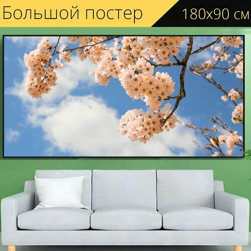 Большой постер "Вишни в цвету, цветы, небо" 180 x 90 см. для интерьера