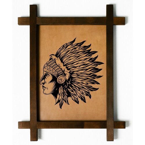 Картина Индеец-вождь, гравировка на натуральной коже, интерьерная для украшения и декора на стену в деревянной раме, подарок, BoomGift
