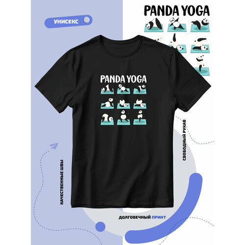 Футболка panda yoga с мишками выполняющими упражнения, размер 3XL, черный