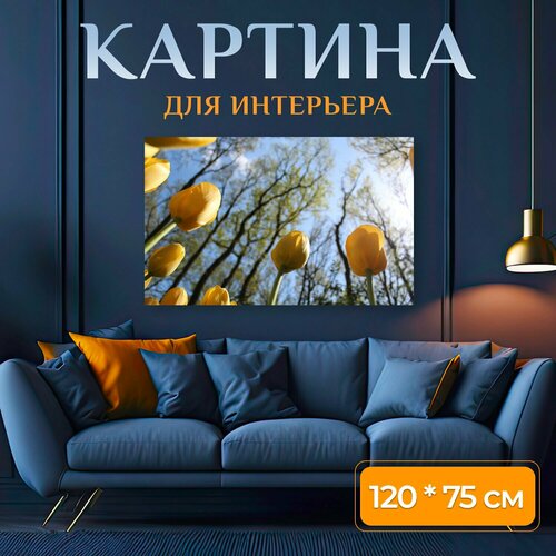 Картина на холсте "Тюльпаны, желтый, деревья" на подрамнике 120х75 см. для интерьера