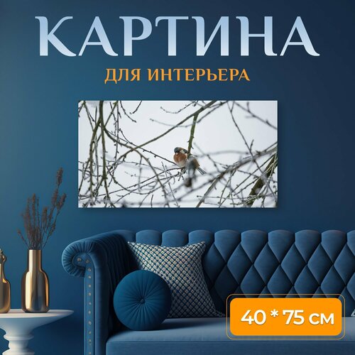 Картина на холсте "Птица, зима, ветви" на подрамнике 75х40 см. для интерьера