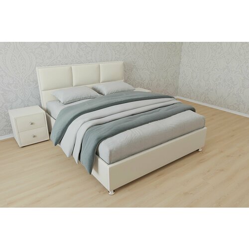 Двуспальная кровать Корсика 140x200 с подъемным механизмом и с коробом для белья велюр белый ножки 5 см