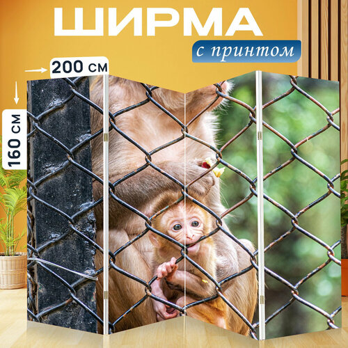 Ширма перегородка с принтом "Обезьяна, обезьяны, детские обезьяна" на холсте - 200x160 см. для зонирования, раскладная