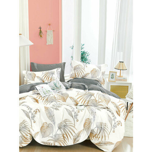 Комплект постельного белья из сатина PS-399 Elin (кремовый-серый), 1,5 спальный (наволочки 70x70)