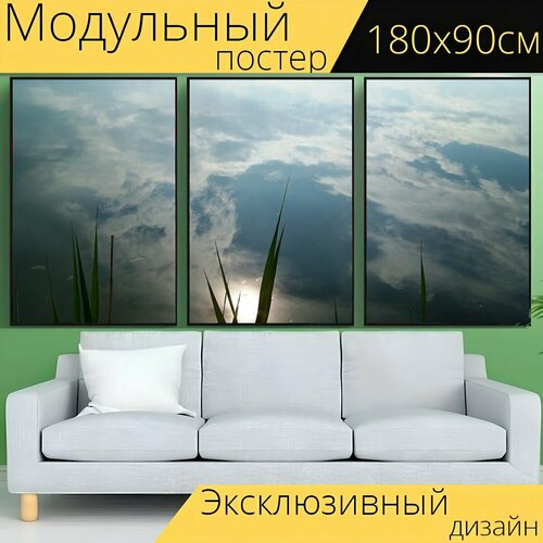 Модульный постер "Отражение, воды, тростник" 180 x 90 см. для интерьера