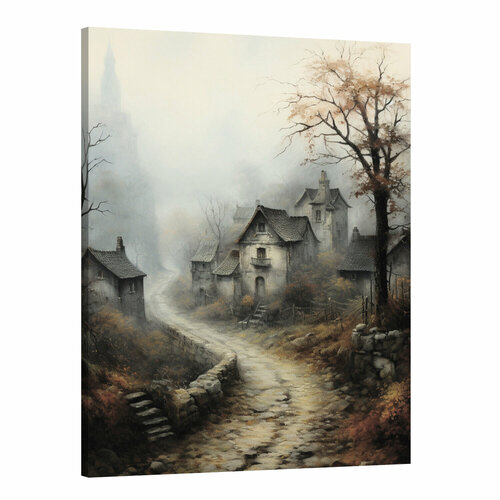 Интерьерная картина 50х70 "Деревня в тумане"