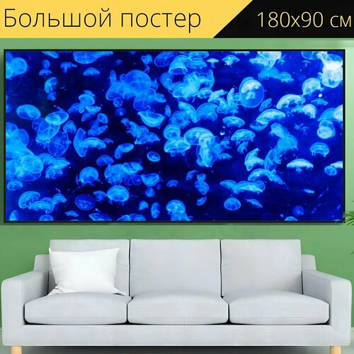 Большой постер "Медуза, животные, подводный" 180 x 90 см. для интерьера